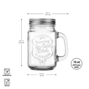 Glaver's Mason Drinking Jars – Set of 4, 16 Oz Clear Glass Jar with Handle and Lid. – Ice-Cold Drink Glassware Logo – Glass Mugs Ideal for Cold Beverages, Juice, Smoothie, Cocktails.