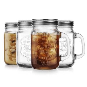 Glaver's Mason Drinking Jars – Set of 4, 16 Oz Clear Glass Jar with Handle and Lid. – Ice-Cold Drink Glassware Logo – Glass Mugs Ideal for Cold Beverages, Juice, Smoothie, Cocktails.