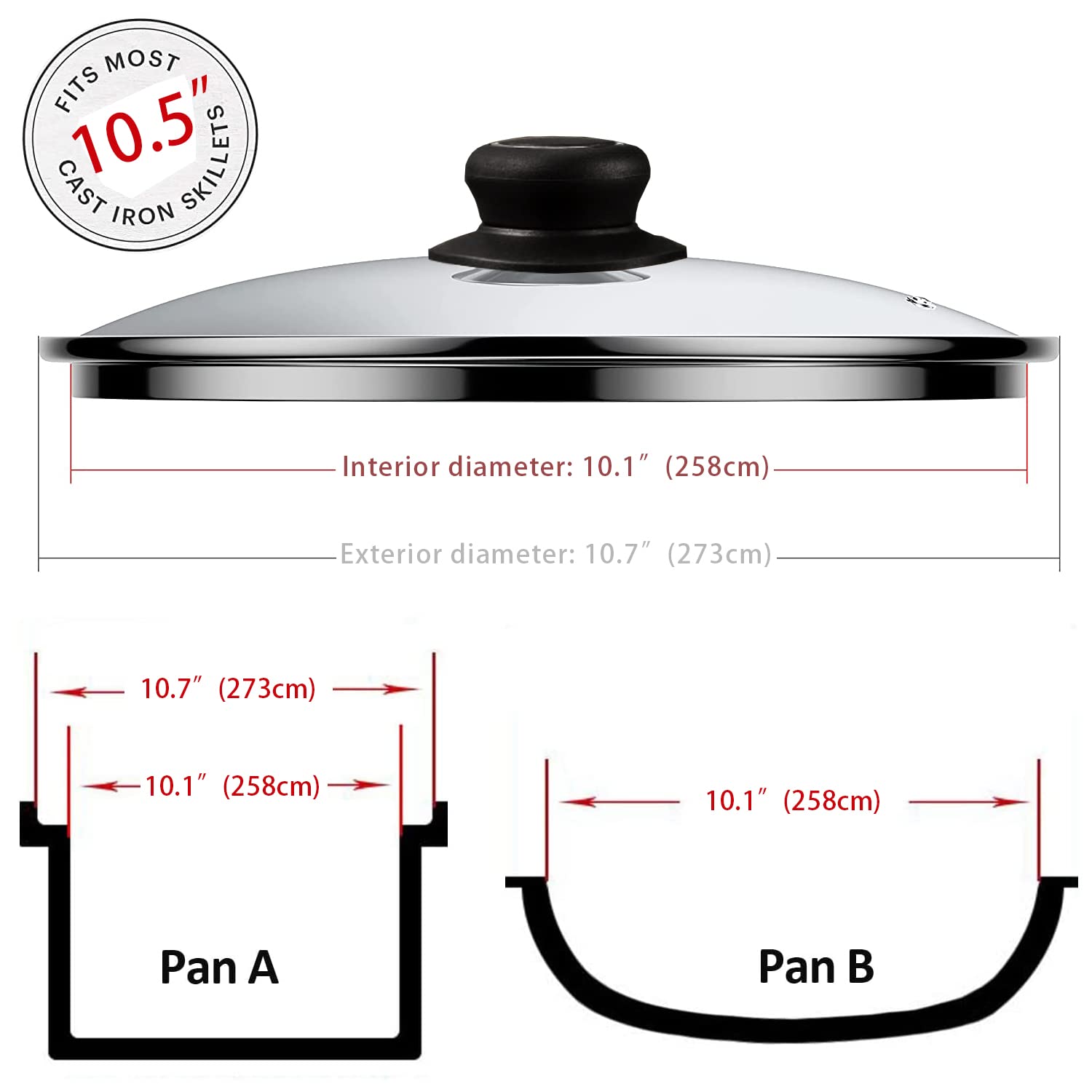 Glass Lid for Frying Pan, Fry Pan, Skillet, Pan Lid with Handle Coated, Fits Lodge 10.5 Inch Cast Iron Skillets10.5"/26cm, Clear