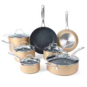 martha stewart 12 piece heavy gauge aluminum hard anodized premium nonstick cookware set, induction safe, copper w/black interior