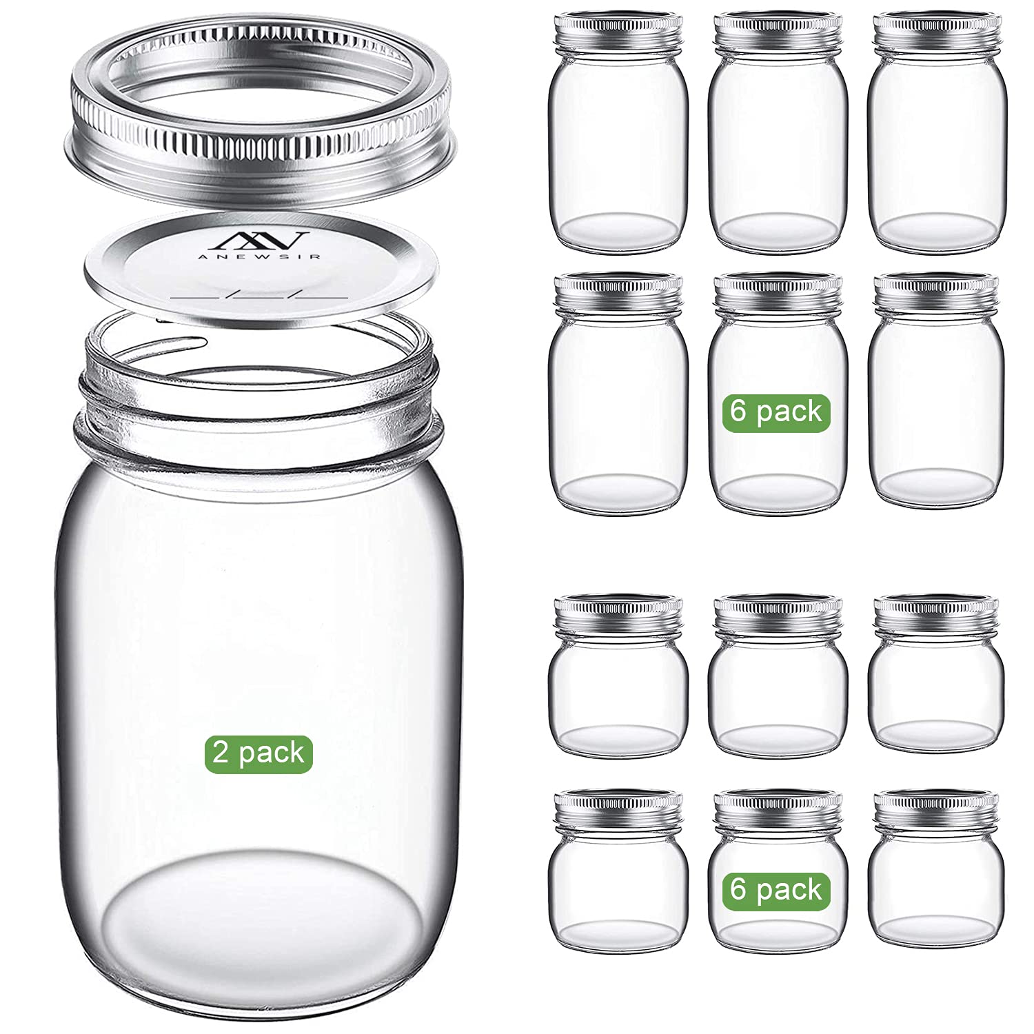 ANEWSIR Mason Jars Variety Pack (Set of 14), Regular Mouth Canning Jars with Lids and Bands, Spilte-Type, 32oz 2 Pack, 16oz 6 pack and 8oz 6 pack