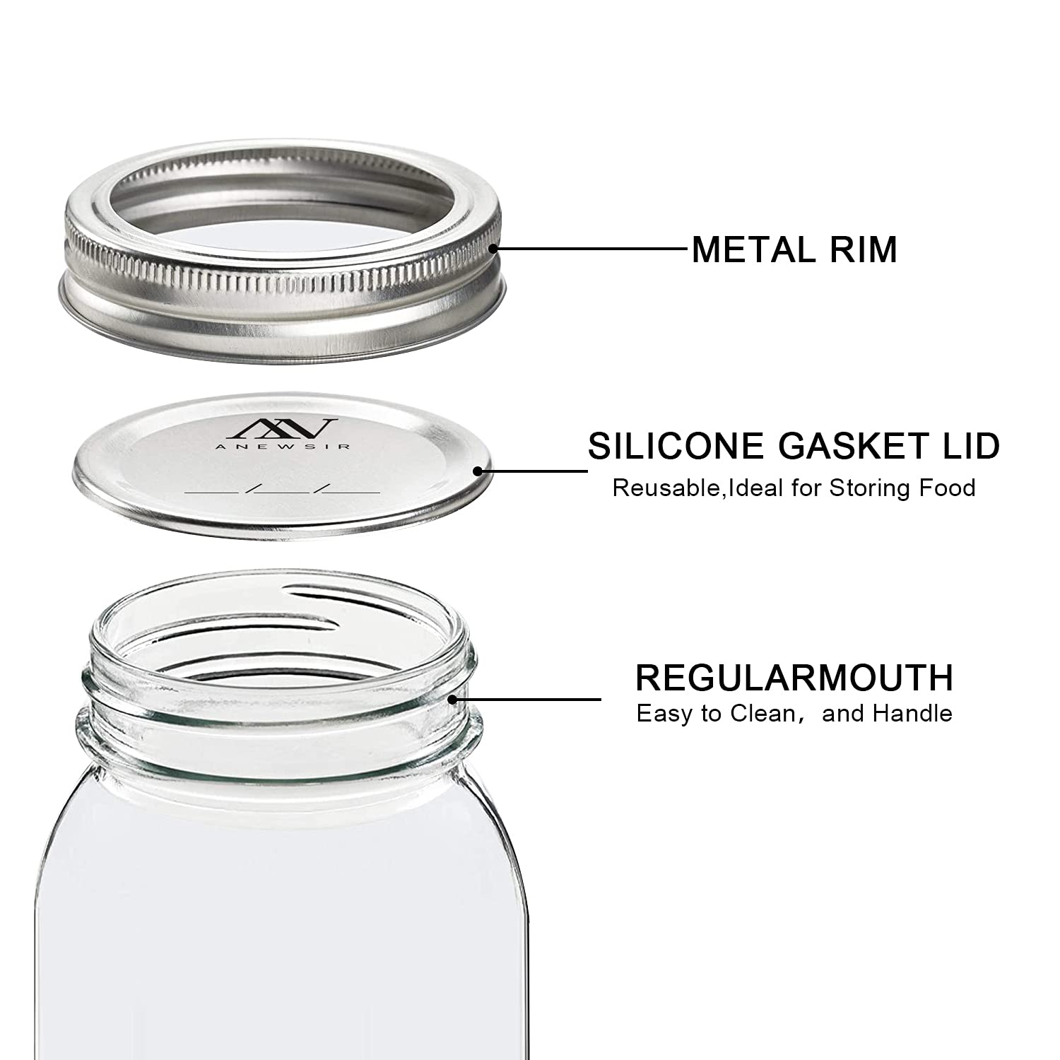 ANEWSIR Mason Jars Variety Pack (Set of 14), Regular Mouth Canning Jars with Lids and Bands, Spilte-Type, 32oz 2 Pack, 16oz 6 pack and 8oz 6 pack