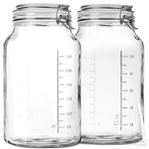 1 gallon super wide mouth glass storage jars with airtight lids and 2 measurement marks, leak proof glass container with hinged lids, large pickle jars with labels and silicone gasket, 2 pack