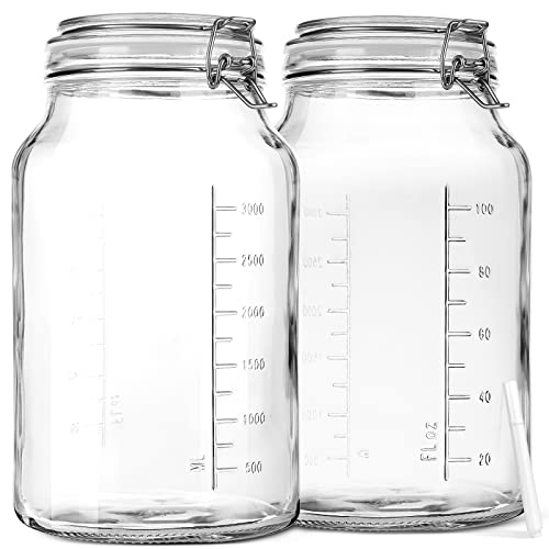 1 Gallon Super Wide Mouth Glass Storage Jars with Airtight Lids and 2 Measurement Marks, Leak Proof Glass Container with Hinged Lids, Large Pickle Jars with Labels and Silicone Gasket, 2 Pack