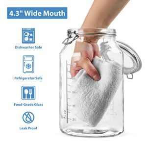 1 Gallon Super Wide Mouth Glass Storage Jars with Airtight Lids and 2 Measurement Marks, Leak Proof Glass Container with Hinged Lids, Large Pickle Jars with Labels and Silicone Gasket, 2 Pack