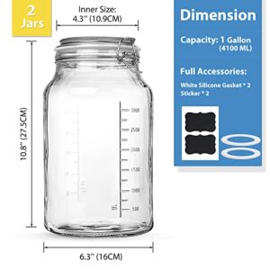 1 Gallon Super Wide Mouth Glass Storage Jars with Airtight Lids and 2 Measurement Marks, Leak Proof Glass Container with Hinged Lids, Large Pickle Jars with Labels and Silicone Gasket, 2 Pack