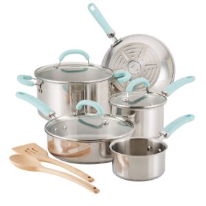 rachael ray create delicious stainless steel cookware set, 10-piece pots and pans set, stainless steel with light blue handles