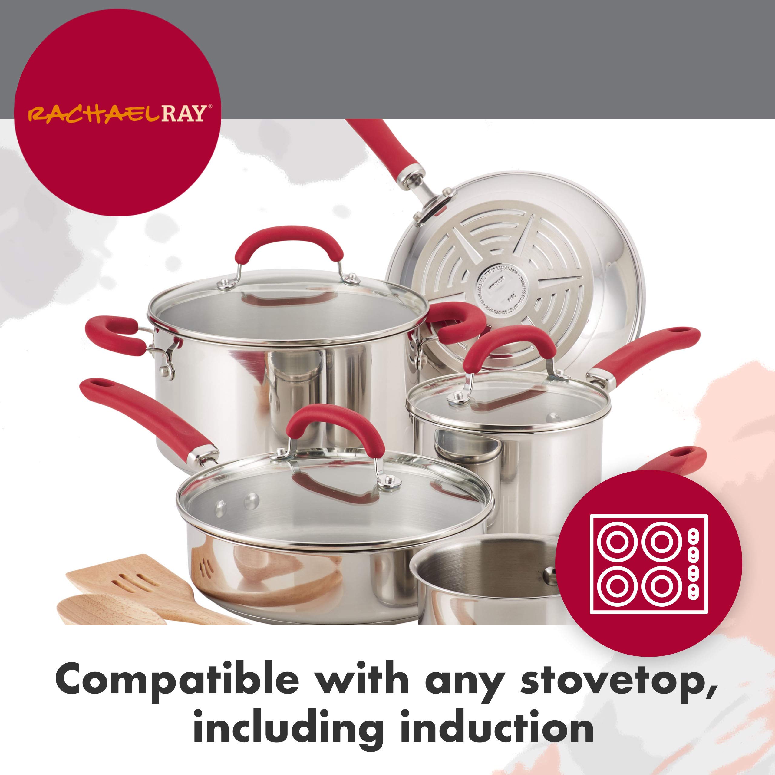 Rachael Ray Create Delicious Stainless Steel Cookware Set, 10-Piece Pots and Pans Set, Stainless Steel with Light Blue Handles