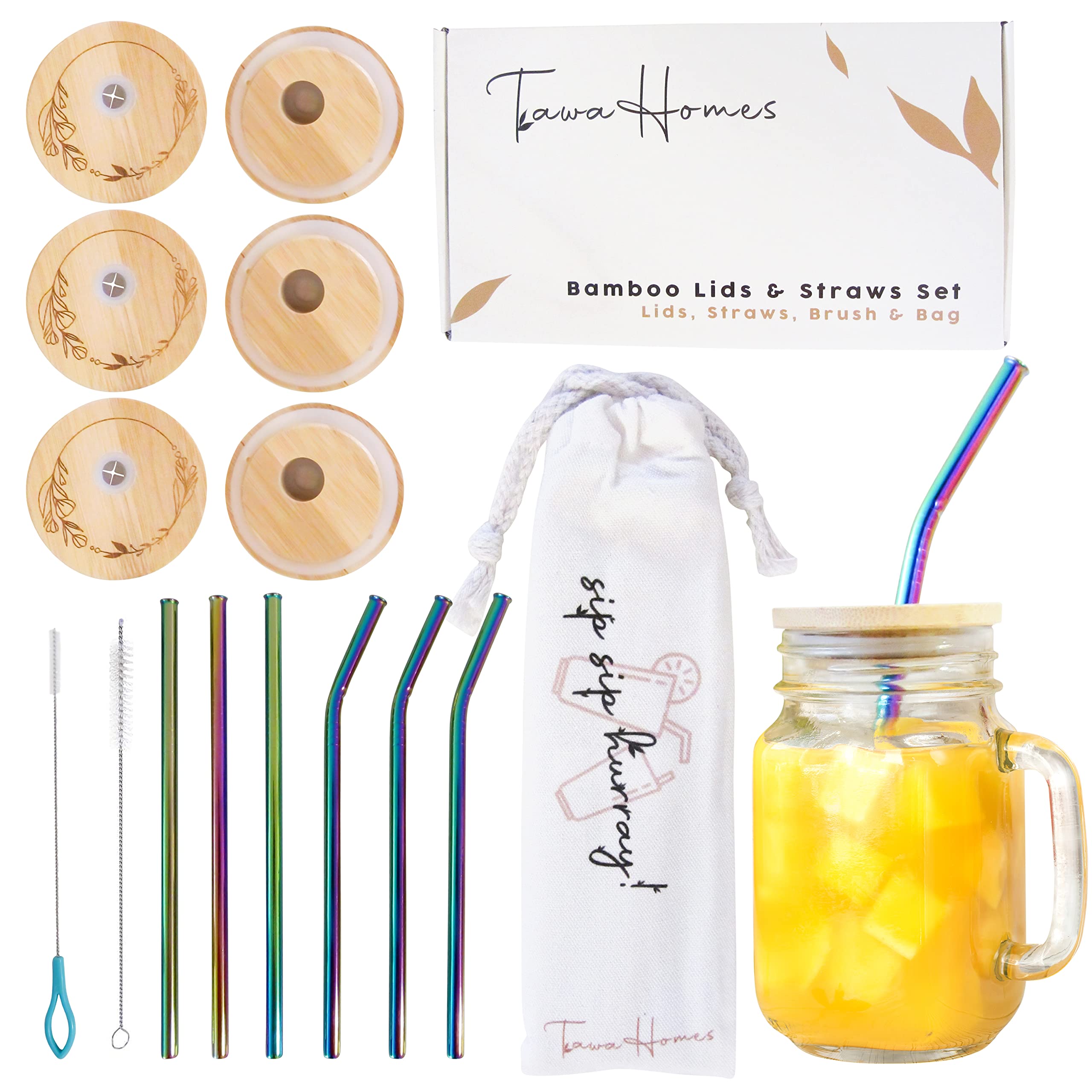 Tawa Homes Bamboo Mason Jar Lids with Straw Hole - 70 mm Lids for Beer Can Glass Cups with Silicone Straw Hole Plug 16 oz - 6 Pcs Regular Mouth Lid with 6 Stainless Steel Straw, 2 Cleaning Brush & Bag