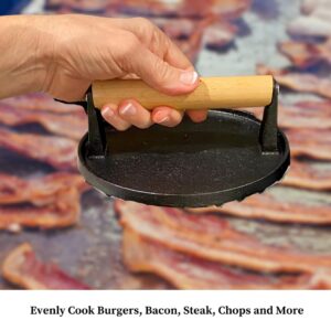 Evelots Bacon Press Cast Iron Grill Press for Griddle Heavy Duty Smash Burger Press for Perfectly Cooked Meat, Sandwich, Panini, Steak, BBQ -Food Grade- Round Wood Handle