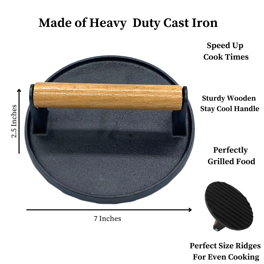 Evelots Bacon Press Cast Iron Grill Press for Griddle Heavy Duty Smash Burger Press for Perfectly Cooked Meat, Sandwich, Panini, Steak, BBQ -Food Grade- Round Wood Handle