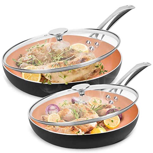 KOCH SYSTEME CS Premium Non-Stick Induction Frying Pan Set - 10"&12" Nonstick Frying Pan Sets with Lids, Ceramic Coated Aluminum Pan for Effortless Cooking, Copper Kitchen Cookware Set