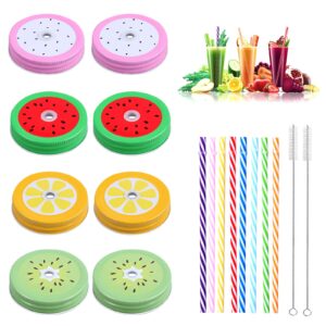 metal decorative regular mouth mason jar lids with straw hole (18pcs) 8 decoration lids,8 striped plastic straw set,2 straw wrench