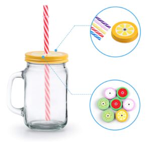 Metal Decorative Regular Mouth Mason Jar Lids with Straw Hole (18pcs) 8 Decoration Lids,8 Striped Plastic Straw Set,2 Straw Wrench