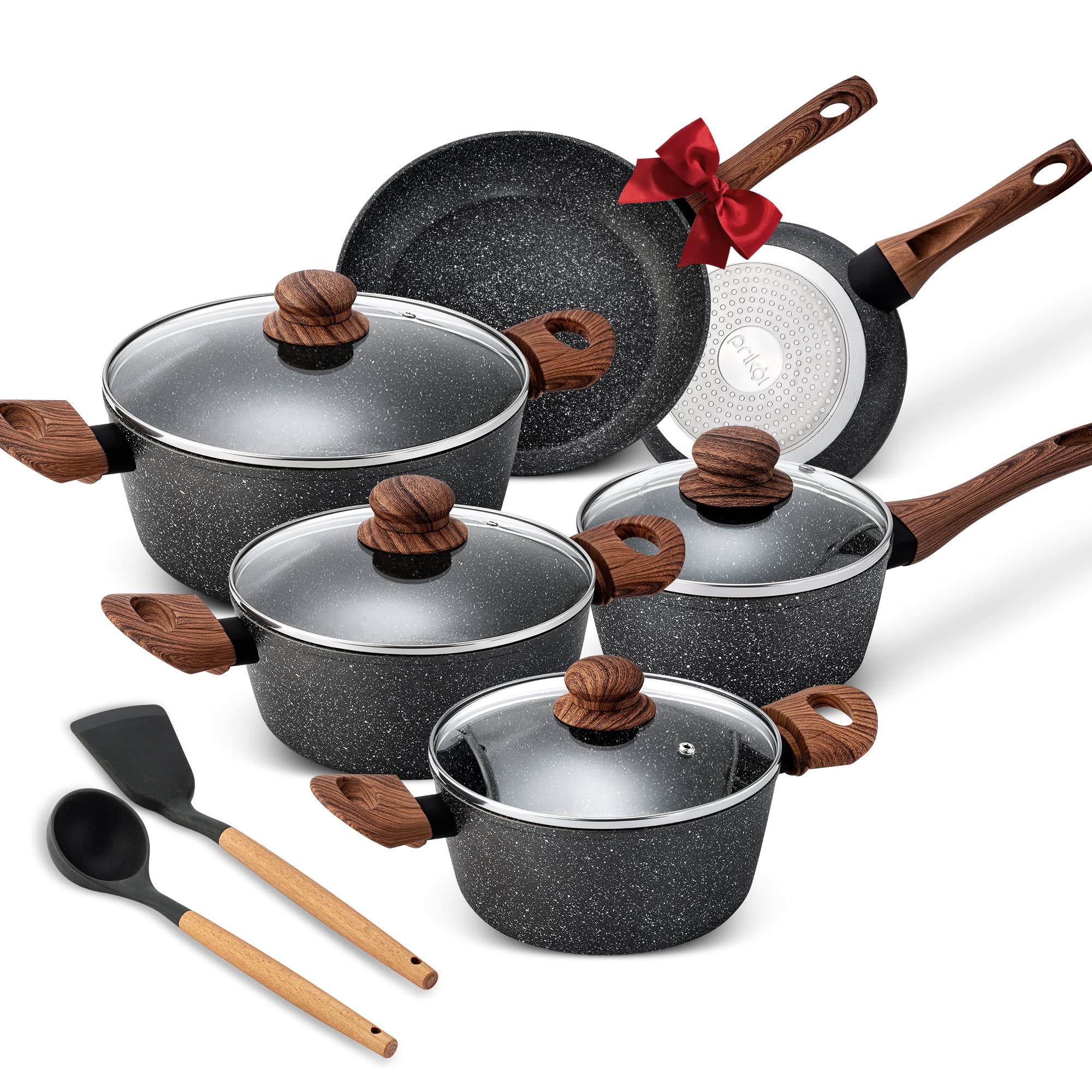 Prikoi Induction Cookware Set, Non Stick Granite Pots and Pans Set for Stove, 12 Pieces,Dishwasher Safe