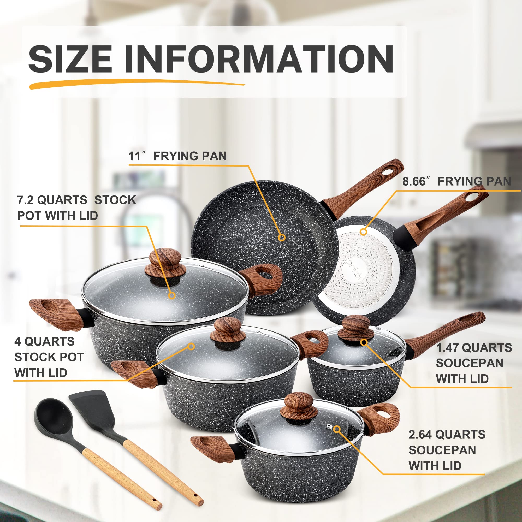 Prikoi Induction Cookware Set, Non Stick Granite Pots and Pans Set for Stove, 12 Pieces,Dishwasher Safe