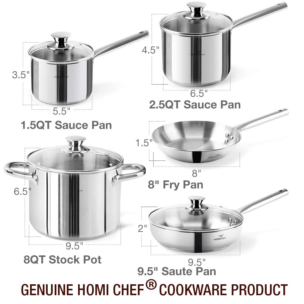 HOMICHEF 14-Piece Nickel Free Stainless Steel Cookware Set - Nickel Free Stainless Steel Pots and Pans Set - Stainless Steel Non-Toxic Cookware Set - Stainless Steel Healthy Induction Cookware Sets