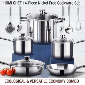 HOMICHEF 14-Piece Nickel Free Stainless Steel Cookware Set - Nickel Free Stainless Steel Pots and Pans Set - Stainless Steel Non-Toxic Cookware Set - Stainless Steel Healthy Induction Cookware Sets