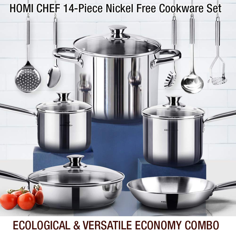 HOMICHEF 14-Piece Nickel Free Stainless Steel Cookware Set - Nickel Free Stainless Steel Pots and Pans Set - Stainless Steel Non-Toxic Cookware Set - Stainless Steel Healthy Induction Cookware Sets