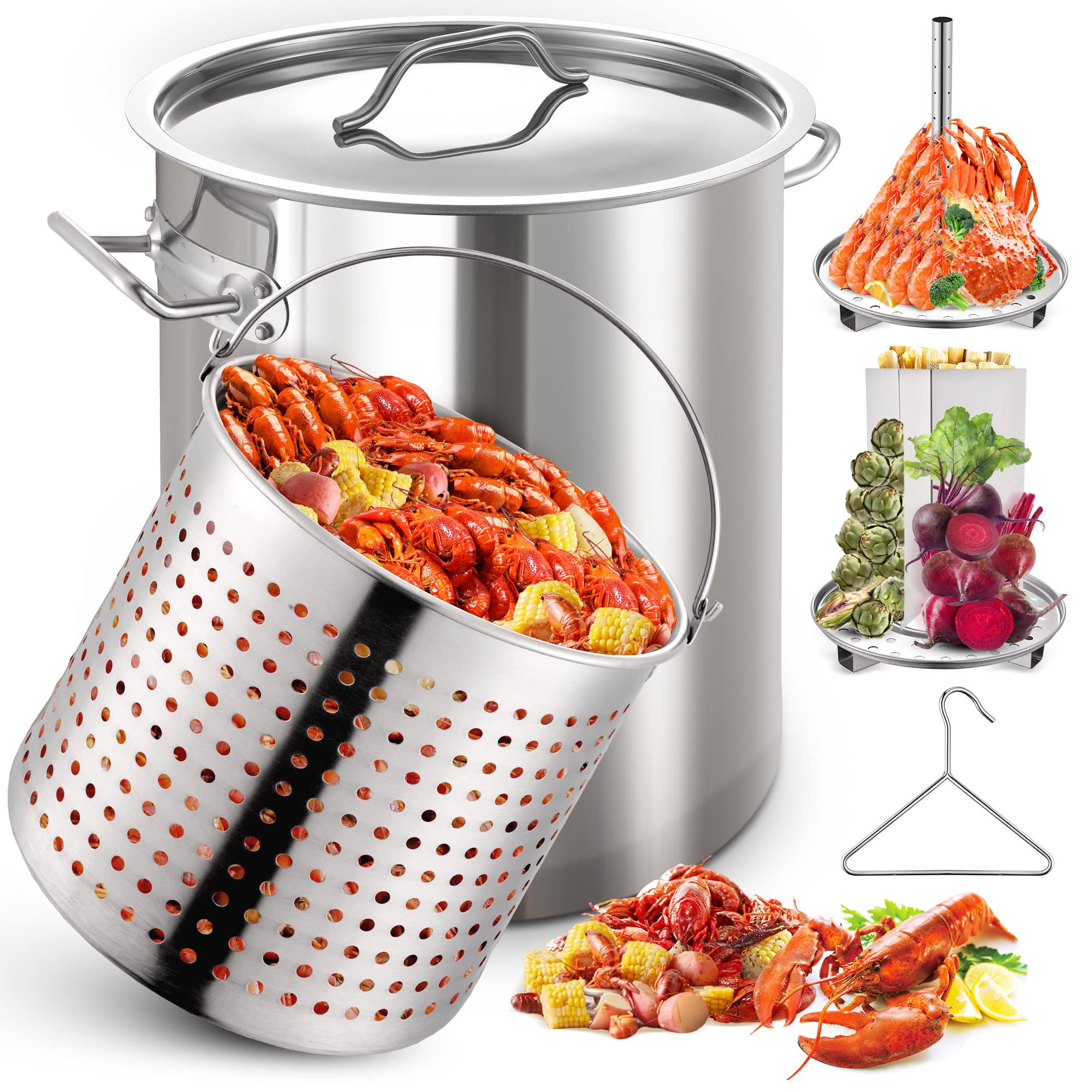 ARC 40QT Stainless Steel Stock pot 6-Piece For Seafood Boil Pot with Basket and Steamer Rack,Cookware for Crawfish Crab Shrimp Lobster Boiling Pot, Turkey Fryer Pot, Tamale Steamer Pot with Strainer