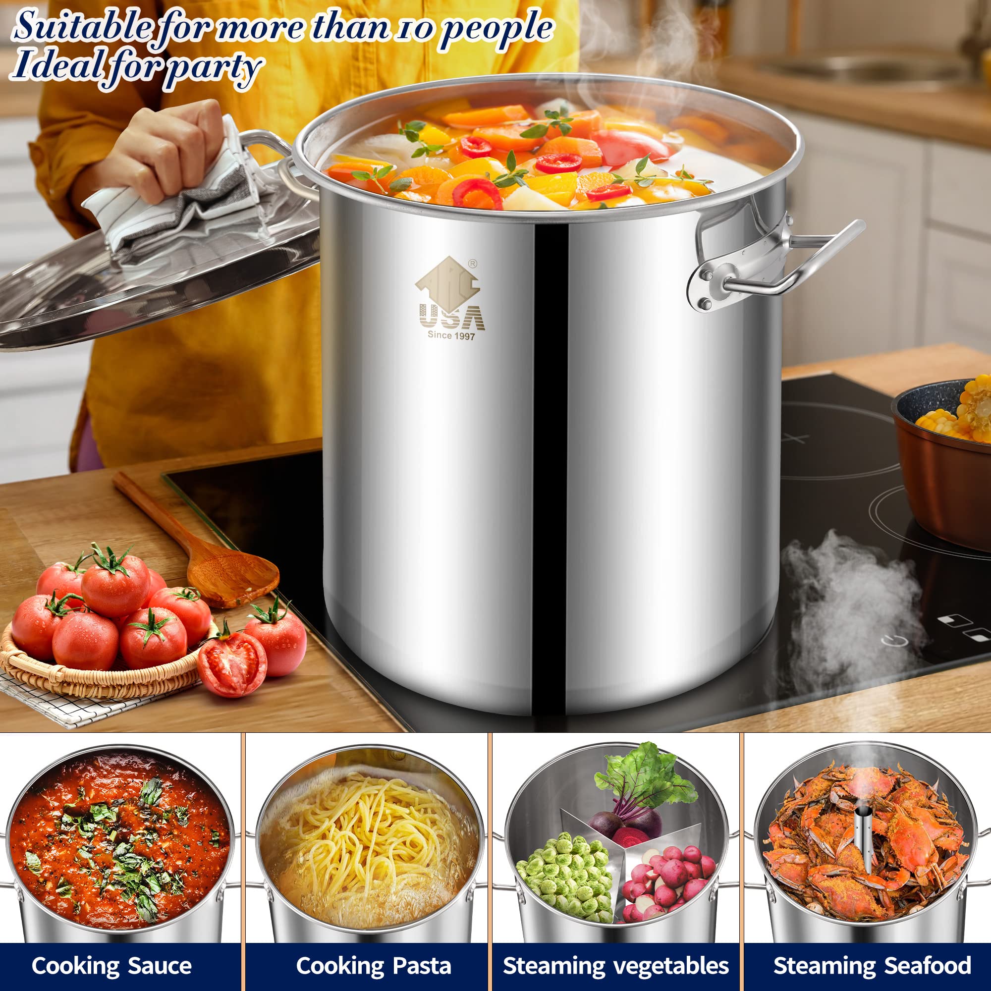 ARC 40QT Stainless Steel Stock pot 6-Piece For Seafood Boil Pot with Basket and Steamer Rack,Cookware for Crawfish Crab Shrimp Lobster Boiling Pot, Turkey Fryer Pot, Tamale Steamer Pot with Strainer