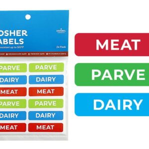 Kosher Labels, 8 Blue Dairy, 8 Red Meat, 8 Green Parve Stickers, Oven Proof up to 500°, Freezable, Microwavable, Dishwasher Safe, English, Color Coded Kosher Kitchen Tools (24-Pack, Rectangle Design)