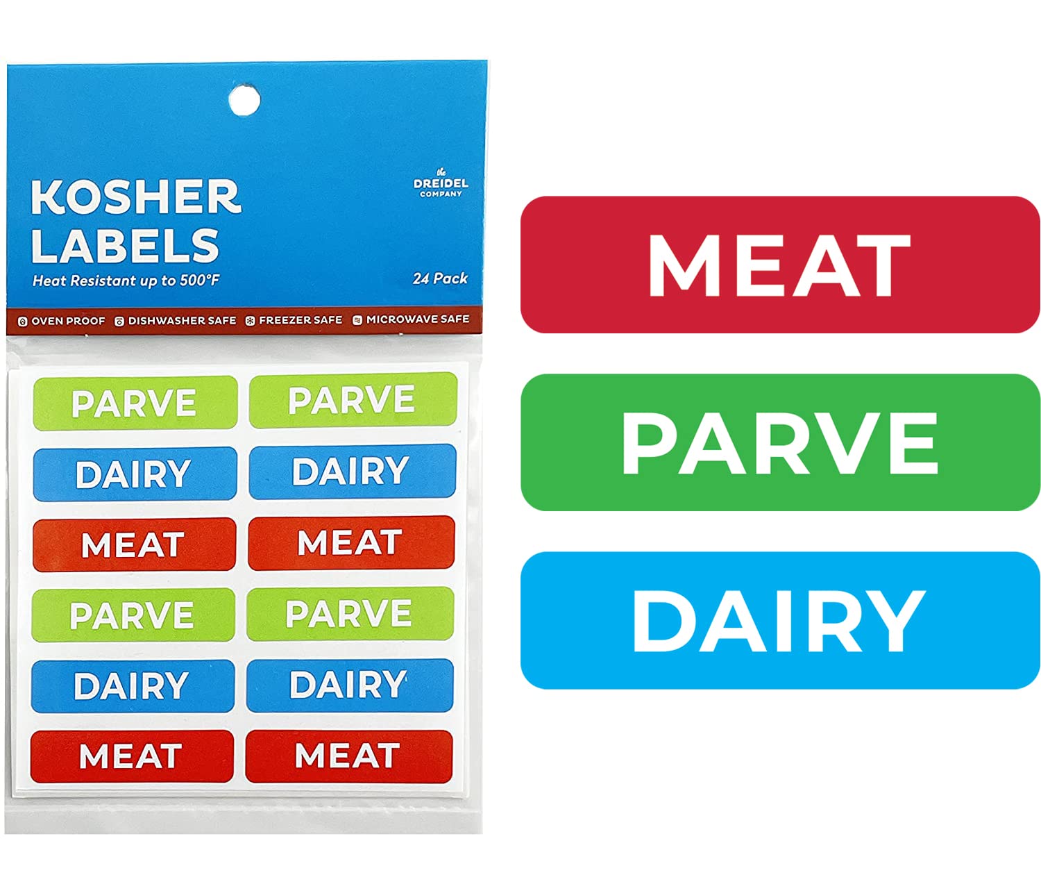 Kosher Labels, 8 Blue Dairy, 8 Red Meat, 8 Green Parve Stickers, Oven Proof up to 500°, Freezable, Microwavable, Dishwasher Safe, English, Color Coded Kosher Kitchen Tools (24-Pack, Rectangle Design)