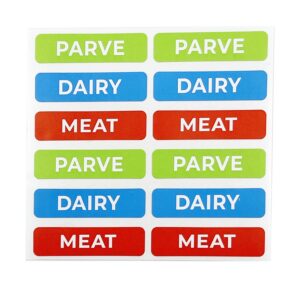 Kosher Labels, 8 Blue Dairy, 8 Red Meat, 8 Green Parve Stickers, Oven Proof up to 500°, Freezable, Microwavable, Dishwasher Safe, English, Color Coded Kosher Kitchen Tools (24-Pack, Rectangle Design)