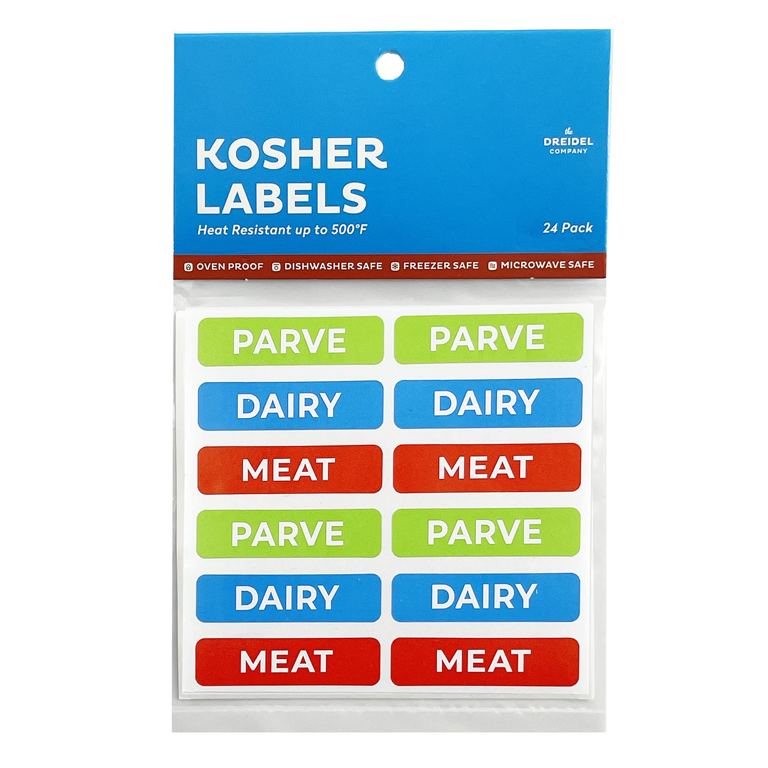 Kosher Labels, 8 Blue Dairy, 8 Red Meat, 8 Green Parve Stickers, Oven Proof up to 500°, Freezable, Microwavable, Dishwasher Safe, English, Color Coded Kosher Kitchen Tools (24-Pack, Rectangle Design)