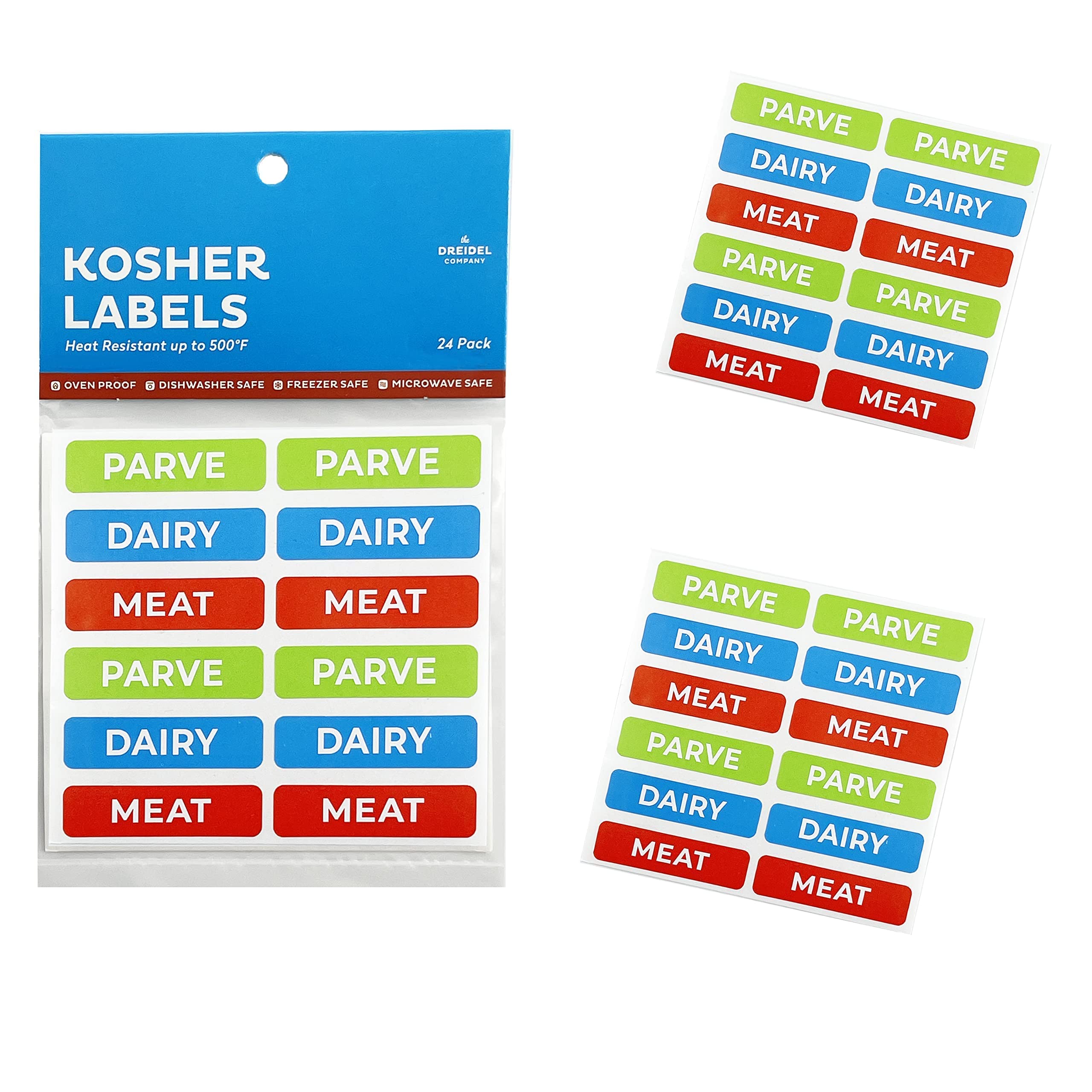 Kosher Labels, 8 Blue Dairy, 8 Red Meat, 8 Green Parve Stickers, Oven Proof up to 500°, Freezable, Microwavable, Dishwasher Safe, English, Color Coded Kosher Kitchen Tools (24-Pack, Rectangle Design)