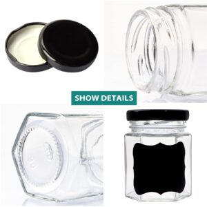 Comrzor 3 OZ Mini Hexagon Glass Jars, 30 Pack Empty Honey Jars Small Spice Jars with Black Lids, Sponge Brushes and 40pcs Labels for Jam, Homemade Projects, Gifts, Wedding Party Favors