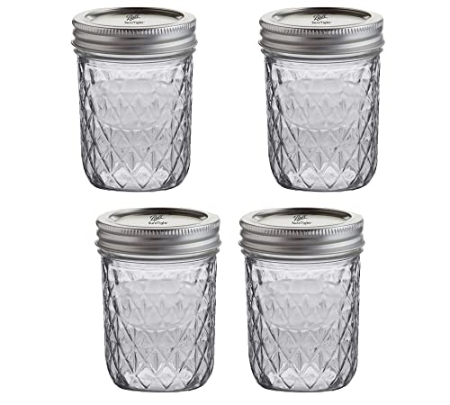 Regular Mouth Quilted Crystal Jelly Mason Jars 8 oz - (4 Pack) - Ball 8-Ounce Quilted Crystal Jelly Jars with Lids and Bands - For Canning, Fermenting, Pickling, Freezing - Glass jar, Microwave & Dishwasher Safe