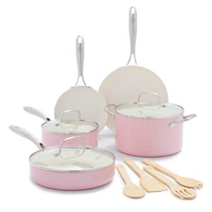 greenlife artisan healthy ceramic nonstick, 12 piece cookware pots and pans set, stainless steel handle, pfas-free, dishwasher safe, oven safe, soft pink