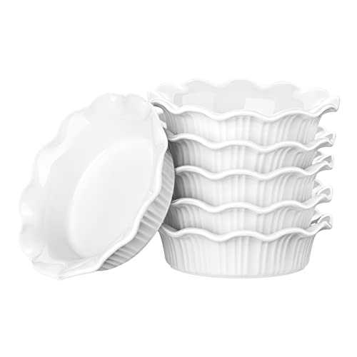 LOVECASA 8 OZ Ceramic Mini Pie Pans, 5.5 Inches Small Pie Dishes Ramekins with Ruffled Edge, Baking Pie Plates for Apple Pie, Quiche, Pot Pies, Tart, Oven and Microwave Safe, White, Set of 6