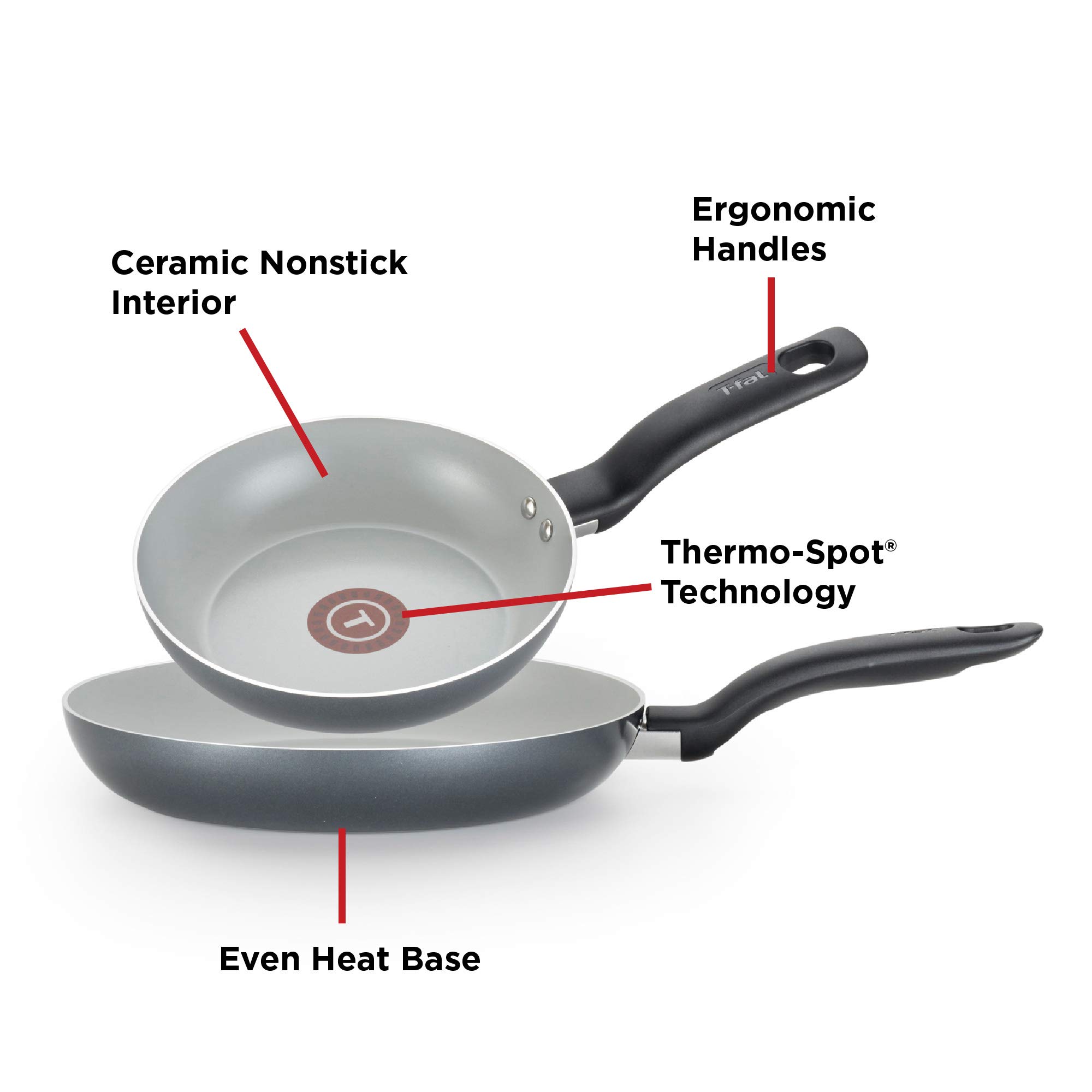 T-fal Initiatives Ceramic Nonstick Fry Pan Set 8.5, 10.5 Inch Oven Safe 350F Cookware, Pots and Pans, Grey