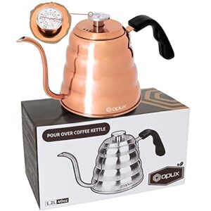 opux pour over coffee kettle with gooseneck | stainless steel coffee tea kettle with thermometer 40 oz, stovetop induction goose necked kettle slow pour drip spout (1.2 liter, 40 fl oz) copper