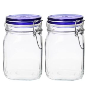 bormioli rocco fido collection, 2 pack, 33¾ oz. food storage glass jars, airtight rubber seal & glass lid, with stainless wire clamp, made in italy.