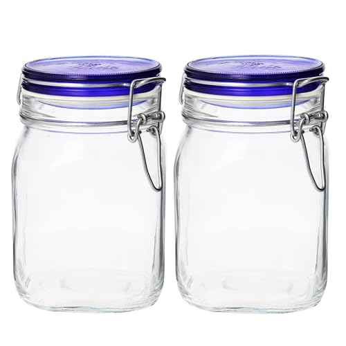 Bormioli Rocco Fido Collection, 2 Pack, 33¾ Oz. Food Storage Glass Jars, Airtight Rubber Seal & Glass Lid, With Stainless Wire Clamp, Made In Italy.