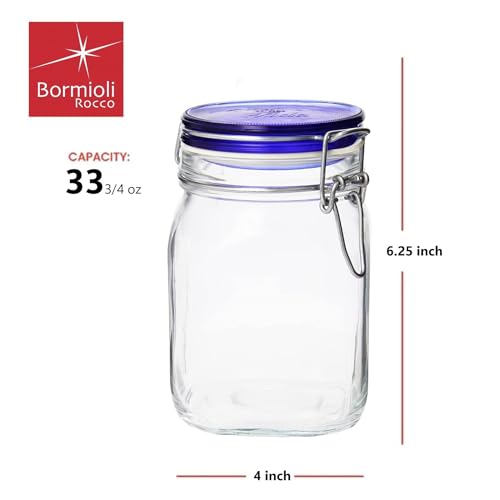 Bormioli Rocco Fido Collection, 2 Pack, 33¾ Oz. Food Storage Glass Jars, Airtight Rubber Seal & Glass Lid, With Stainless Wire Clamp, Made In Italy.