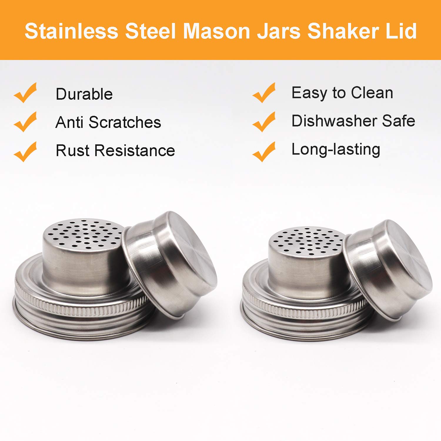 2 Pack Stainless Steel Mason Jar Shaker Lids with Silicone Seals for Regular Mouth Mason, Canning Jars Spices, Salt, Peppers or Shake Drinks Cocktail