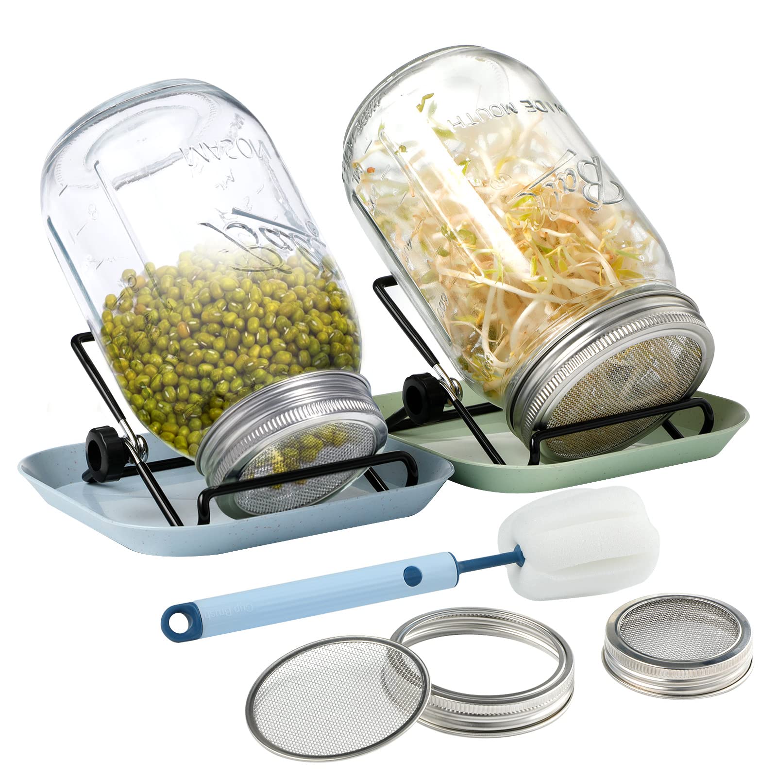 FAMNONE Sprouting Jar kit (Not Include Jar), 4 PCS 316 Stainless Steel Sprouting Lids for Regular and Wide Mouth Mason Jars, 2 Stainless Steel Sprouting Stands, 2 Drip Tray, Cleaning Brush