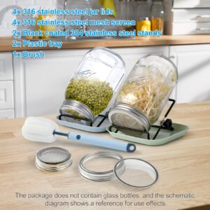 FAMNONE Sprouting Jar kit (Not Include Jar), 4 PCS 316 Stainless Steel Sprouting Lids for Regular and Wide Mouth Mason Jars, 2 Stainless Steel Sprouting Stands, 2 Drip Tray, Cleaning Brush