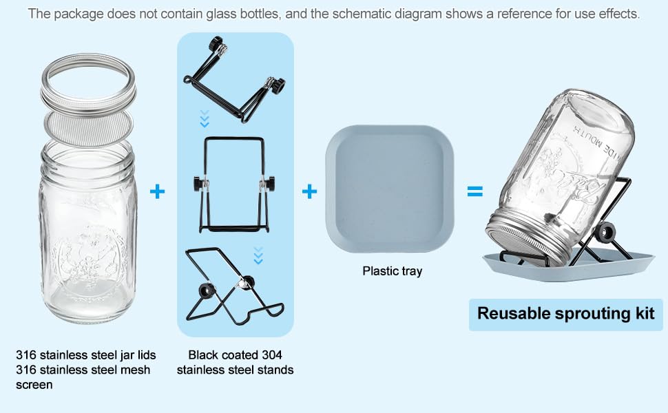 FAMNONE Sprouting Jar kit (Not Include Jar), 4 PCS 316 Stainless Steel Sprouting Lids for Regular and Wide Mouth Mason Jars, 2 Stainless Steel Sprouting Stands, 2 Drip Tray, Cleaning Brush