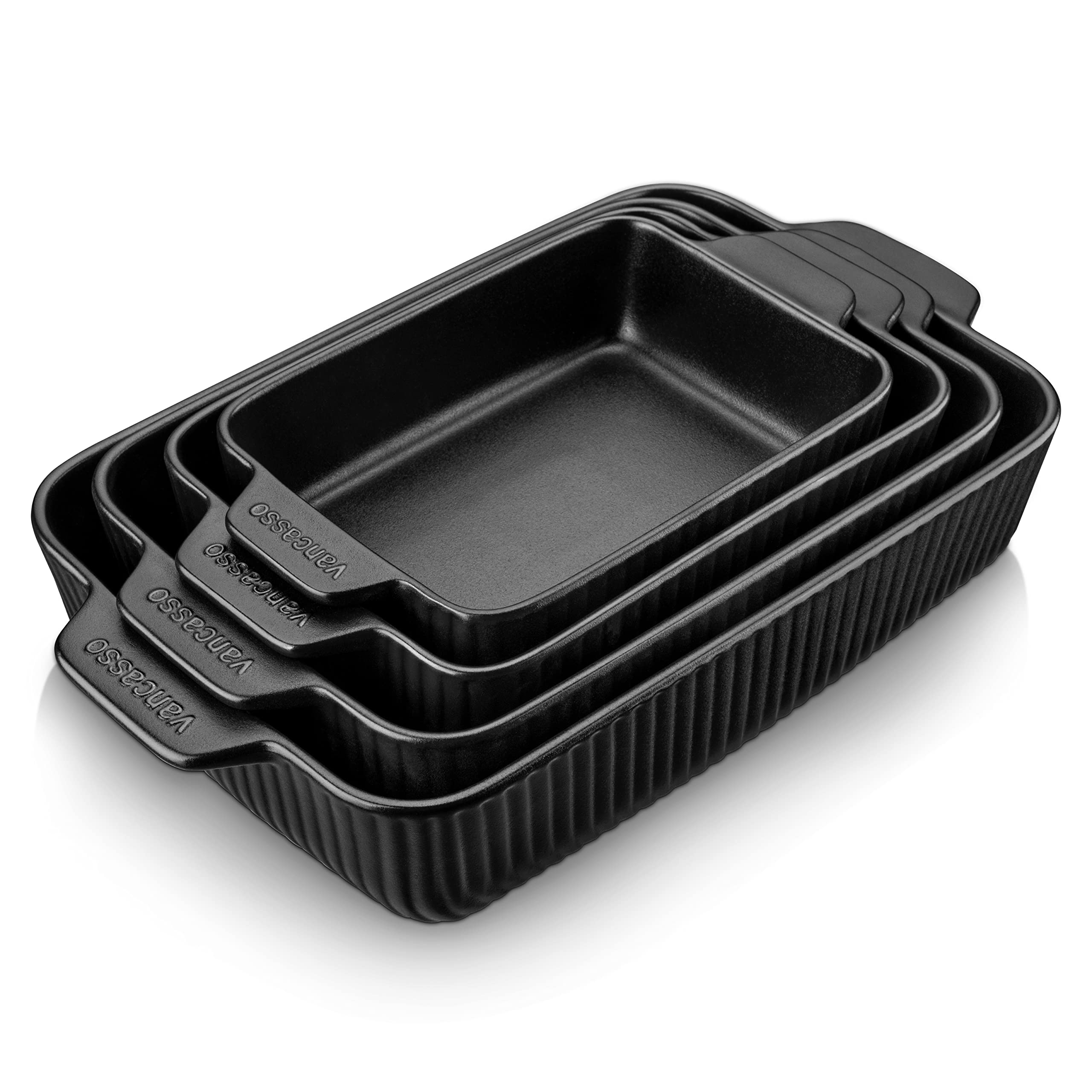 vancasso Forte Baking Dishes for Oven - Casserole Dishes for Oven, Rectangular Baking Dish, Lasagna Pan Deep with Handles, Stoneware Bakeware Set for Cooking (4PCS, Black)