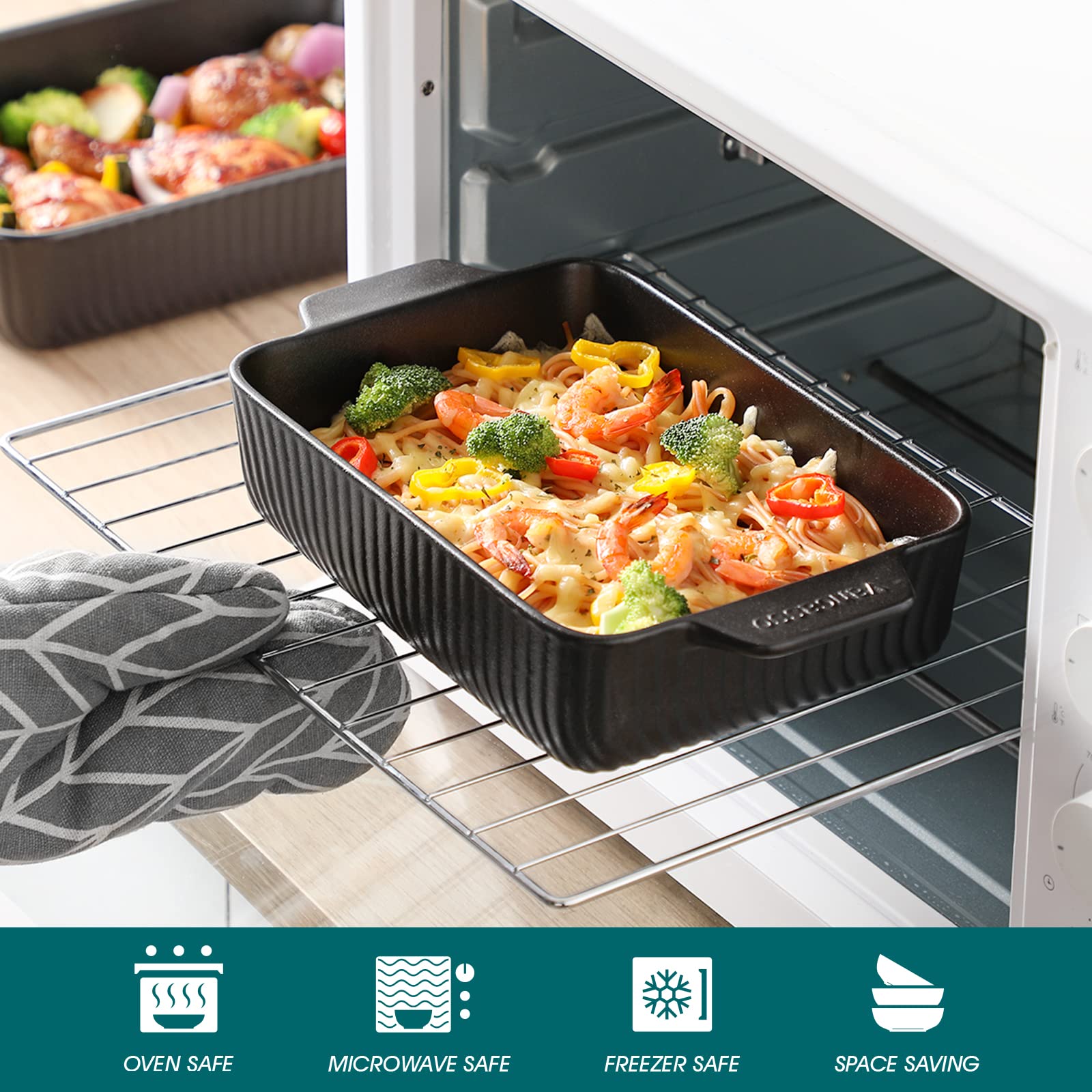 vancasso Forte Baking Dishes for Oven - Casserole Dishes for Oven, Rectangular Baking Dish, Lasagna Pan Deep with Handles, Stoneware Bakeware Set for Cooking (4PCS, Black)