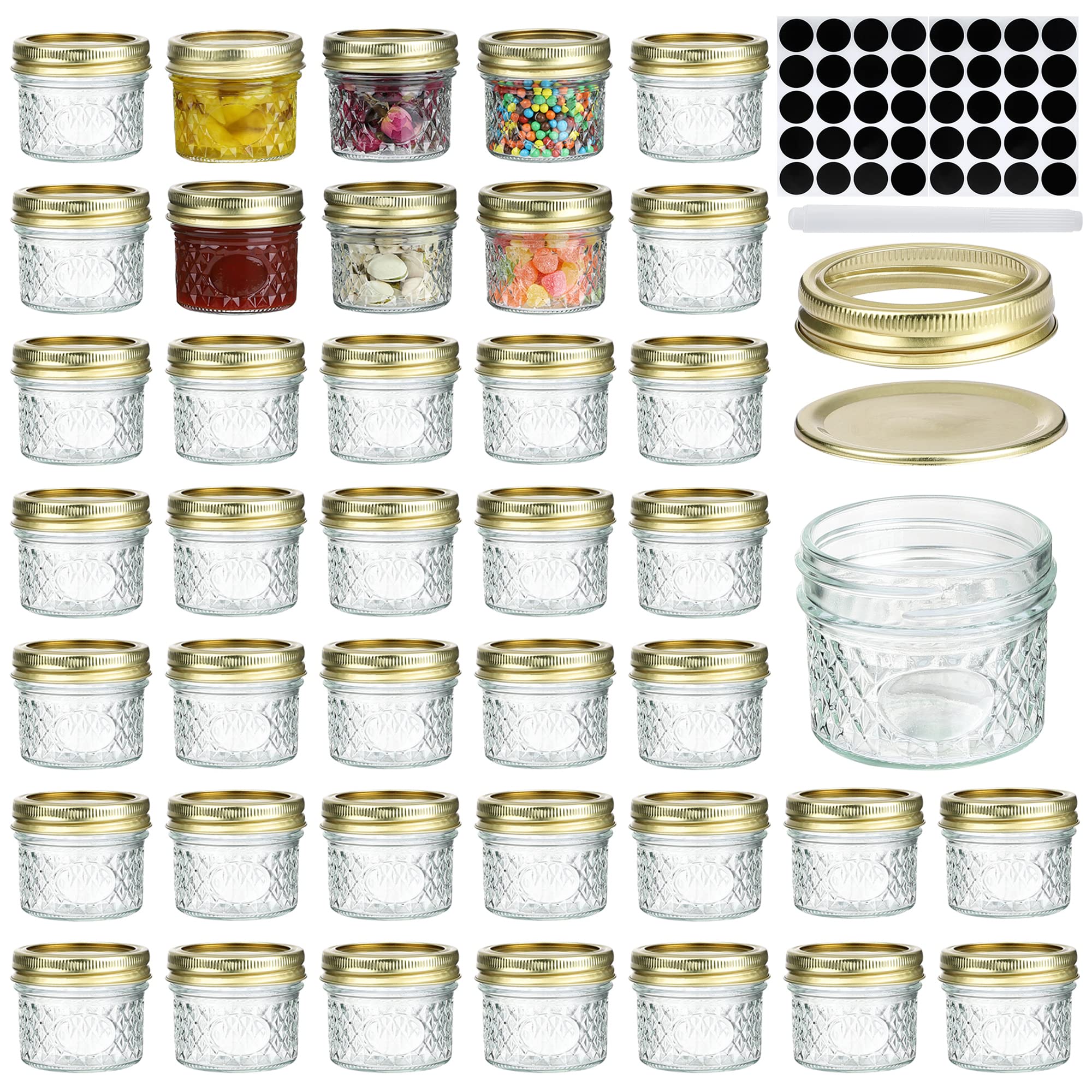 Mcupper 4oz Mini Mason Jars,Set of 40 Quilted Crystal Style Canning Jars With Gold Lids and Bands, Regular Mouth Glass Jars For Honey, Jelly, Jams-40 Black Labels,1 Chalk Marker Included