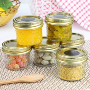 Mcupper 4oz Mini Mason Jars,Set of 40 Quilted Crystal Style Canning Jars With Gold Lids and Bands, Regular Mouth Glass Jars For Honey, Jelly, Jams-40 Black Labels,1 Chalk Marker Included