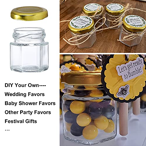 TinQee 48 Pack 1.5oz Hexagon Glass Jars with Golden Metal Lids, Mini Canning Jars for Honey, Jam, Jelly, Wedding Party Favors, Gifts and Crafts