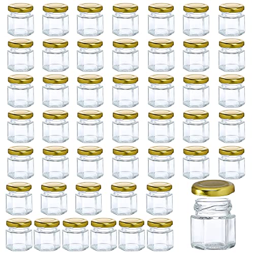 TinQee 48 Pack 1.5oz Hexagon Glass Jars with Golden Metal Lids, Mini Canning Jars for Honey, Jam, Jelly, Wedding Party Favors, Gifts and Crafts