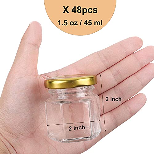 TinQee 48 Pack 1.5oz Hexagon Glass Jars with Golden Metal Lids, Mini Canning Jars for Honey, Jam, Jelly, Wedding Party Favors, Gifts and Crafts